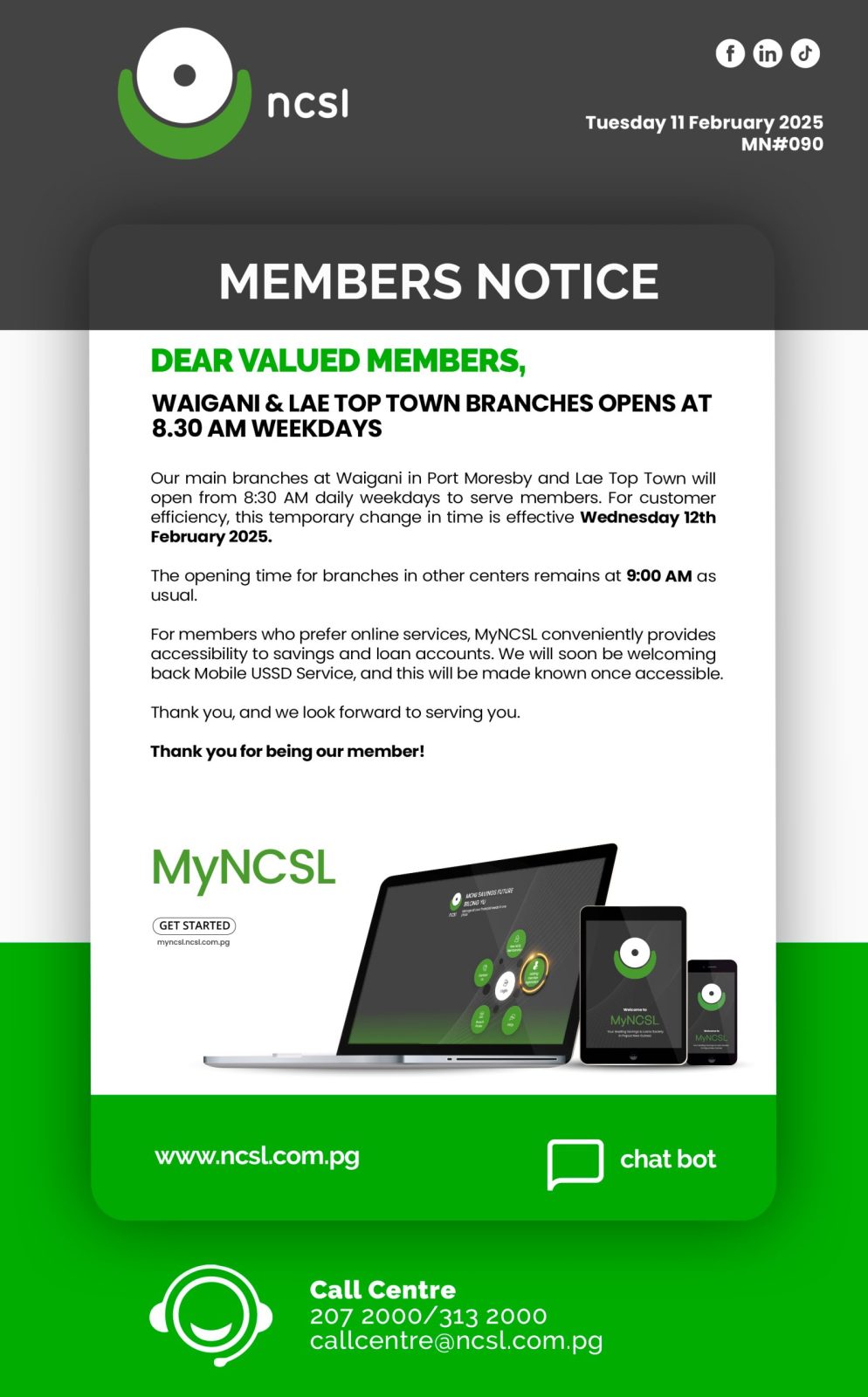 Waigani & Lae Top Town Branches Opens at 8.30 AM Weekdays - NCSL