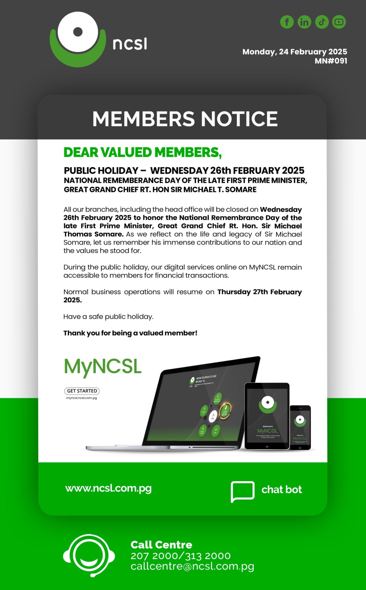 Public Holiday - Wednesday 26th February 2025 National Rememberance Day ...